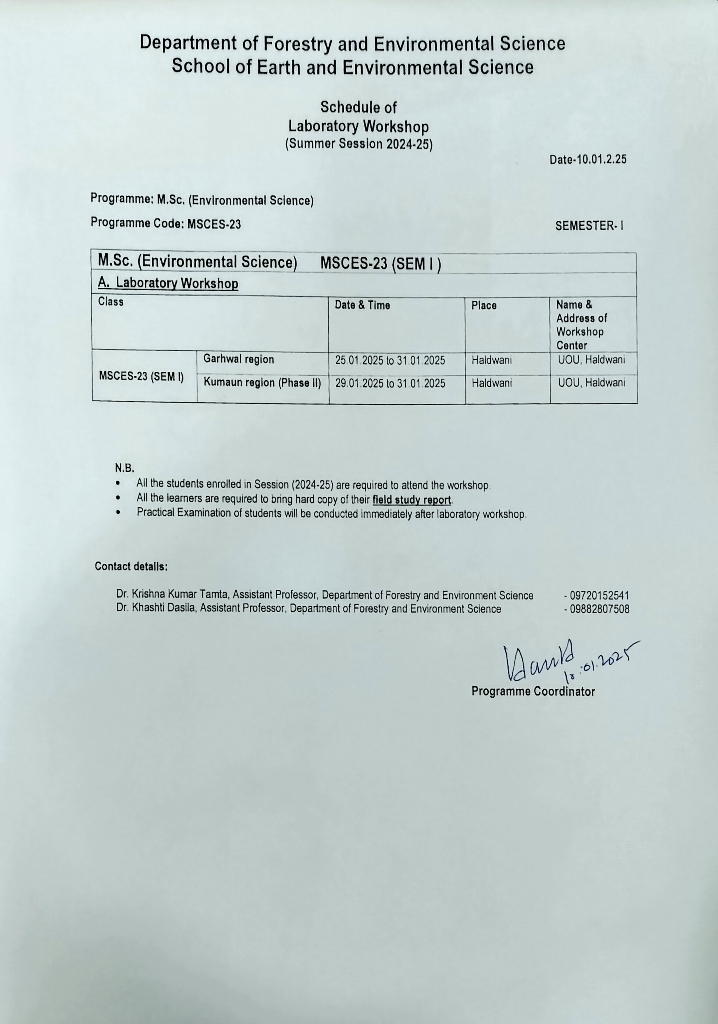 Notice: Laboratory Workshop MSCES-23 (M.Sc. Environmental Science ...