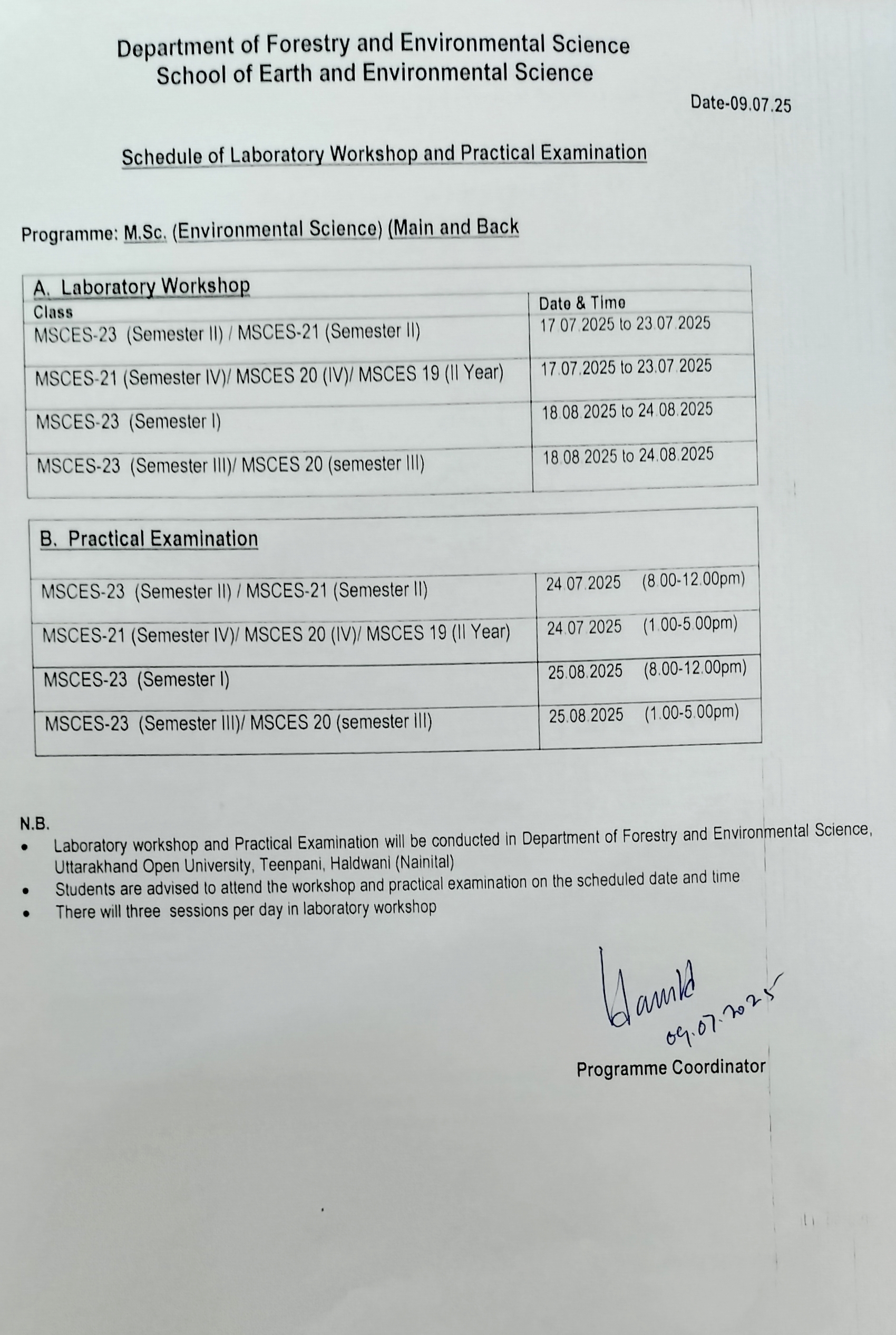Notice: Notification Workshop and Practical Exam M.Sc. Environmental ...